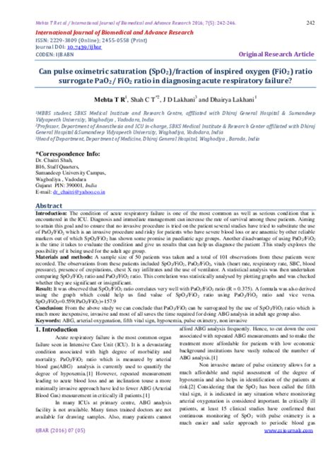Pdf Can Pulse Oximetric Saturation Spo2 Fraction Of Inspired Oxygen Fio2 Ratio Surrogate