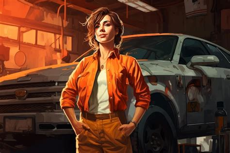 Premium AI Image Knowledgeable Car Mechanic Sexy Woman Garage Motor Inspection Generate Ai