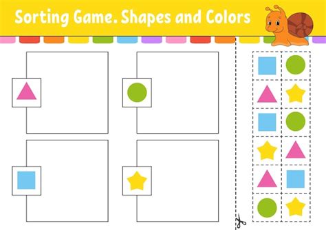 게임 모양과 색 정렬하기 자르고 붙이기 교육 개발 워크시트 아이들을 위한 게임 색 활동 페이지 프리미엄 벡터