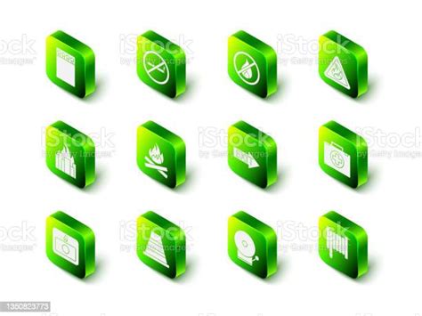 금연 화재 화염 삼각형 응급 처치 키트 호스 릴 출구 울리는 알람 벨 및 교통 콘 아이콘을 설정합니다 벡터 3차원 형태에 대한 스톡 벡터 아트 및 기타 이미지 Istock