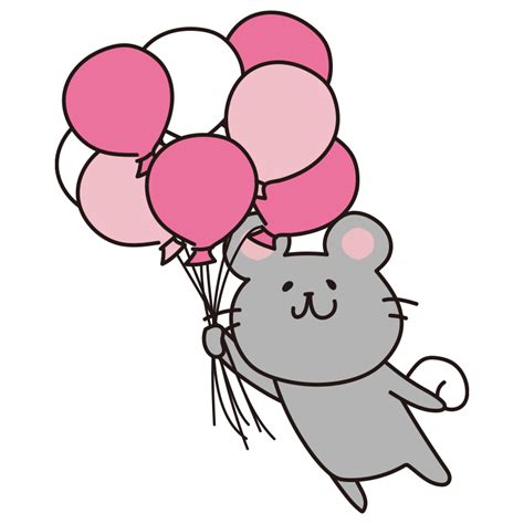 たくさんのピンク色の風船を持っているネズミの無料フリーイラスト かわいい手描きの無料素材「てがきっず」保育園・小学校・介護施設に