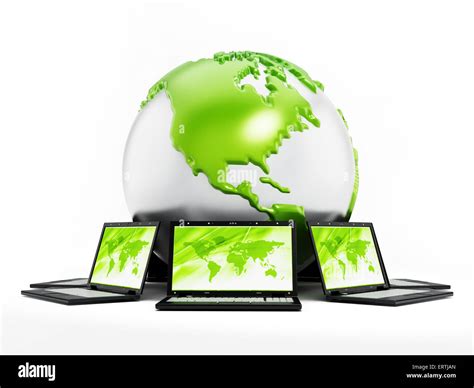 global computer network with laptop computers isolated on white
