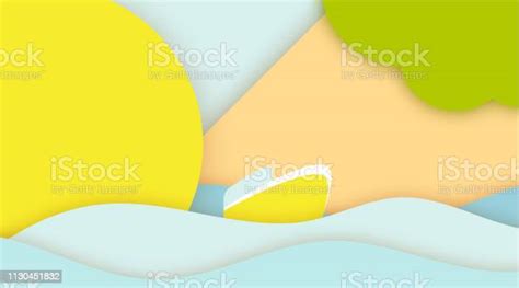 여름 개념 종이 잘라 웹 배너 서식 파일 여름 바다 배와 바다 보기입니다 아침 일출입니다 3d 레이어 물 파도입니다 Papercut 프레 젠 테이 션 문서 및 헤더에 대 한