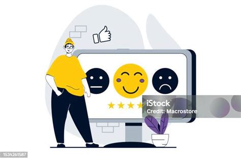 웹을 위한 플랫 디자인에서 사람들 장면이 있는 피드백 페이지 개념 고객 경험 평가를 위해 좋은 감정으로 미소를 선택하는 남자