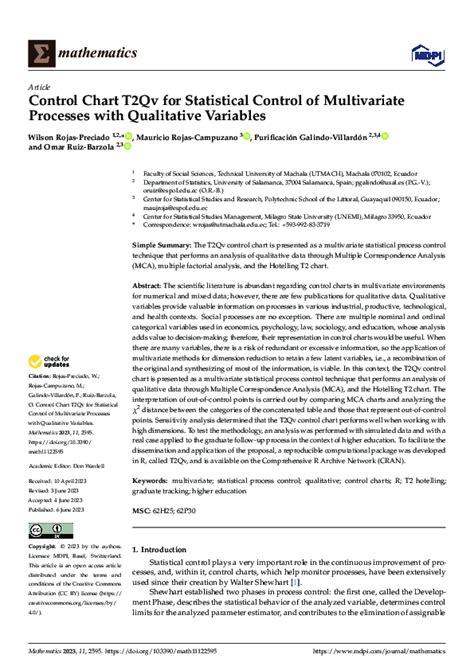 Pdf Control Chart T2qv For Statistical Control Of Multivariate
