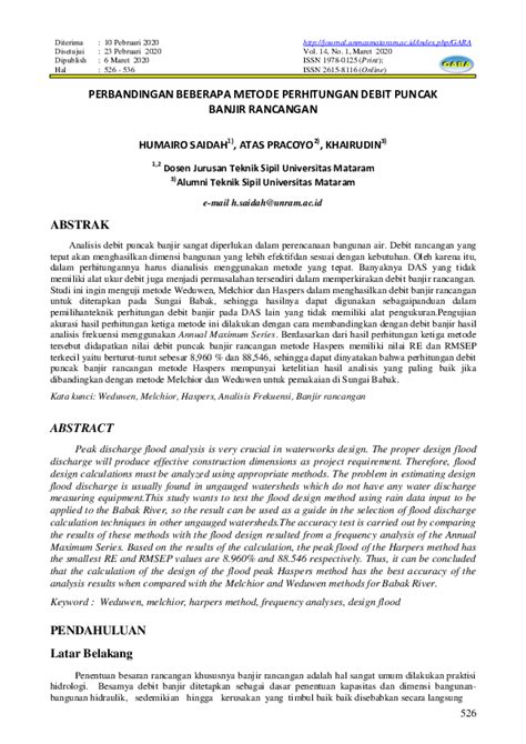 Pdf Perbandingan Beberapa Metode Debit Puncak Banjir Rancangan Comparison Of Some Peak