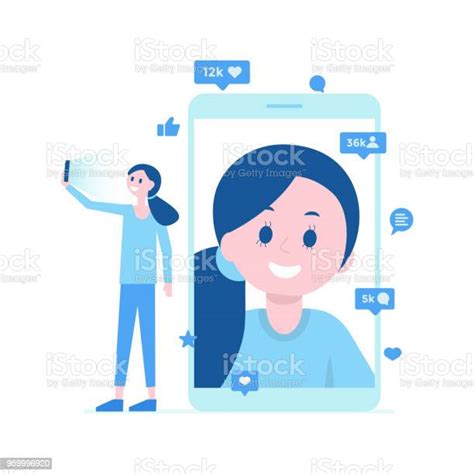 소녀 Selfie 영상 통화를 복용입니다 많은 의견을 좋아한다 벡터 일러스트 레이 션 개성 개념에 대한 스톡 벡터 아트 및 기타