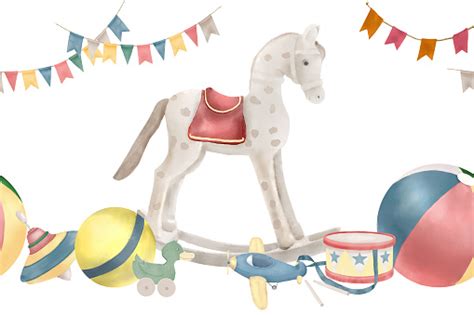 흔들 목마와 작은 비행기 공과 어린이의 팽이 수채화 삽화 원활한 패턴은 깃발로 장식되어 있습니다 막대기와 바퀴에 장난감이 있는 드럼 흰색 배경에 고립 가지 식물 부위에 대한