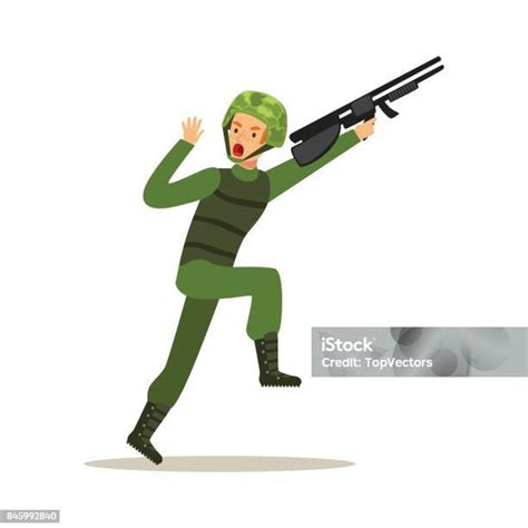 보병 부대의 돌격 소총 벡터 일러스트 레이 션과 위장 전투 제복 실행에서 군인 캐릭터 남자에 대한 스톡 벡터 아트 및 기타 이미지 남자 녹색 독일 Istock