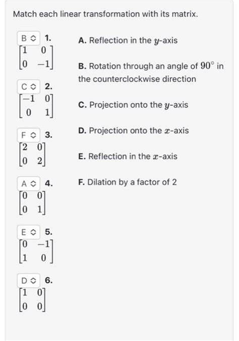 Solved Match Each Linear Transformation With Its Matrix Chegg Com