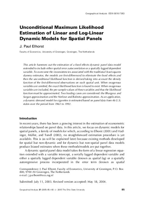 Pdf Unconditional Maximum Likelihood Estimation Of Linear And Log