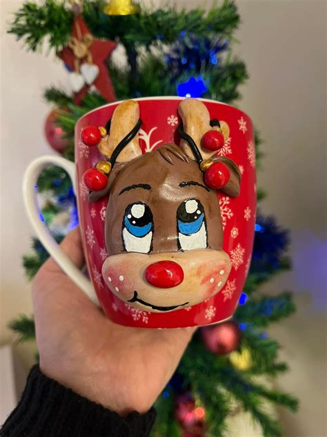 Чашка с ръчна декорация от полимерна глина коледно еленче