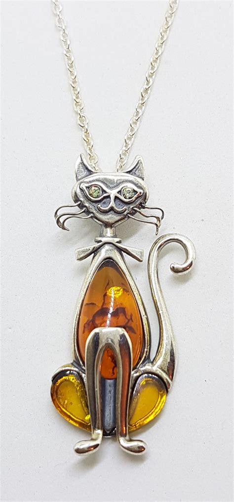 Sterling Silver Long Natural Baltic Amber And Cz Cat Pendant On Chain