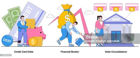 신용 카드 빚 재정적 부담 성격이 있는 부채 통합 개념 부채 구제 추상 벡터 일러스트 레이 션 세트 부채 관리 재정적 자유 부채