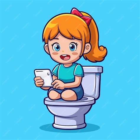 Cute Girl Enjoying Her Phone While Sitting On The Toilet In A Cartoon