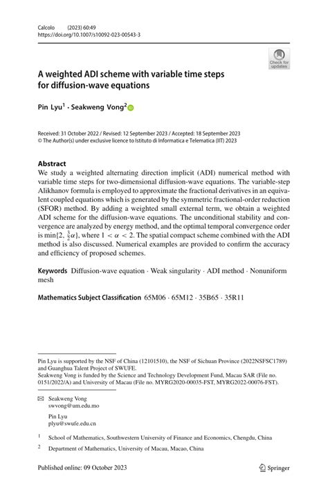 Pdf A Weighted Adi Scheme With Variable Time Steps For Diffusion Wave