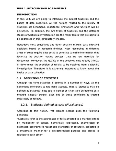 Unit 1 Stat I Lecture Notes 1 Unit 1 Introduction To
