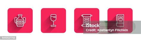 세트 라인 고대 Amphorae 와인 잔 법령 양피지 두루마리 및 긴 그림자가 있는 그리스 역사 책 빨간색 사각형 버튼입니다 벡터 고대의에 대한 스톡 벡터 아트 및 기타