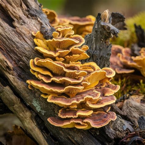 Fungos Multicoloridos Trametes Versicolor Em Madeira De Faixa Morta