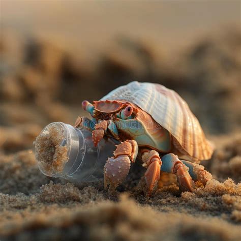 Hermit Crab Adapting To Pollution With A Plastic Shell Stock Illustration Illustration Of Leaf
