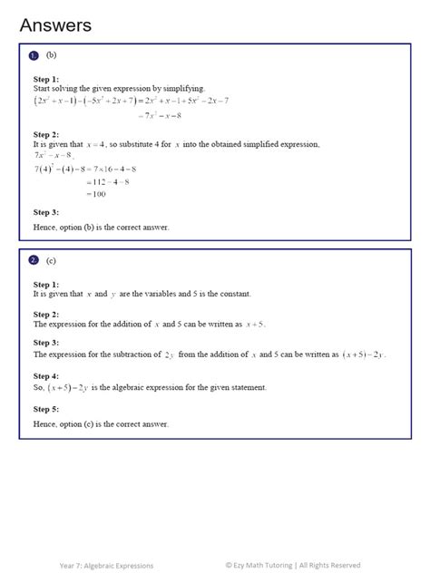Year 7 Maths Test Algebraic Expressions Answers Pdf