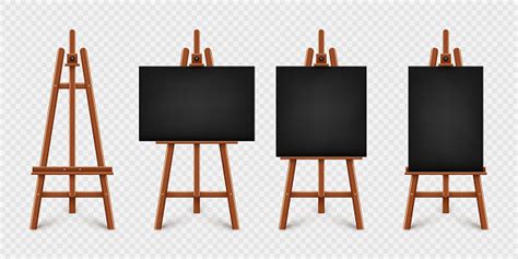 빈 검은 색 캔버스와 현실적인 페인트 책상 나무 이젤과 드로잉 페이퍼 시트 삼각대에 프리젠 테이션 보드 아트웍 모형 템플릿 벡터 일러스트레이션 개념에 대한 스톡 벡터 아트