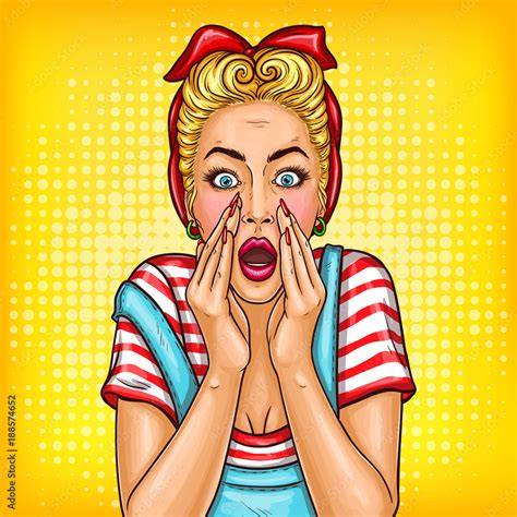 Vector Pop Art Pin Up Shocked Retro Vintage Style Girl With Opened