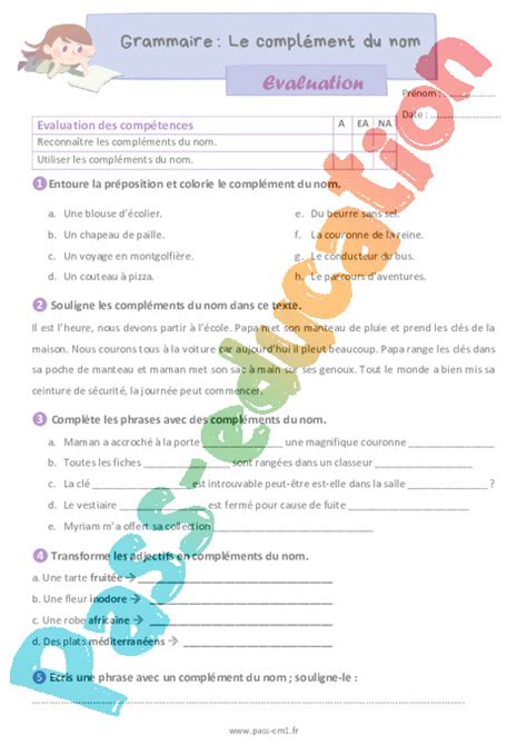 Le Complément Du Nom Évaluation De Grammaire Pour Le Cm1 Cycle 3
