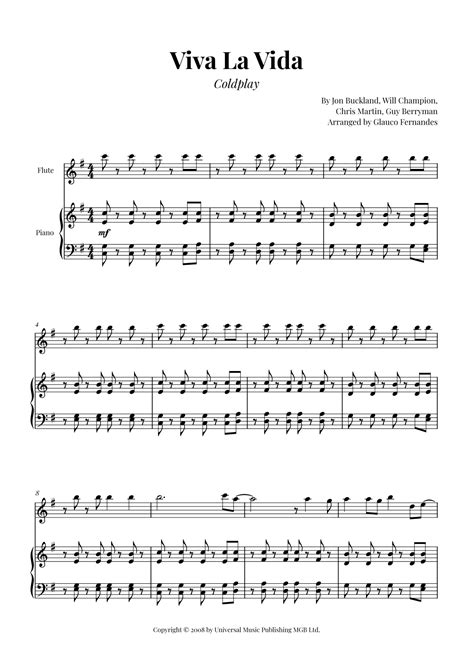 Viva La Vida Arr Glauco Fernandes By Coldplay Sheet Music For Flute