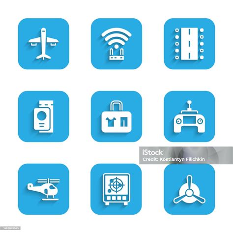 여행 가방 모니터 비행기 프로펠러 드론 원격 제어 헬리콥터 여권 티켓 공항 활주로 및 아이콘에 표적이 있는 레이더를 설정합니다