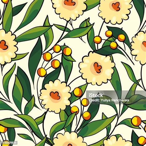 봄 초원 귀여운 야생화 녹색 잎 추상적인 배열의 가지가 있는 매끄러운 꽃 패턴 벡터 그림입니다 0명에 대한 스톡 벡터 아트 및 기타 이미지 Istock