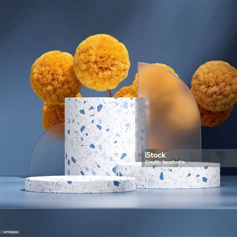 노란색 미모사 파란색 벽 3d 렌더링 빈 모형 흰색 파란색 테라조 연단 사각형 글래스모피즘에 대한 스톡 사진 및 기타 이미지