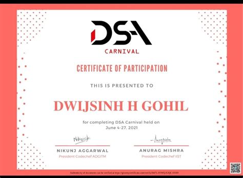 Dwijsinh H Gohil On Linkedin Hello Connections Just Recieved Certificate For Participating In Dsa…