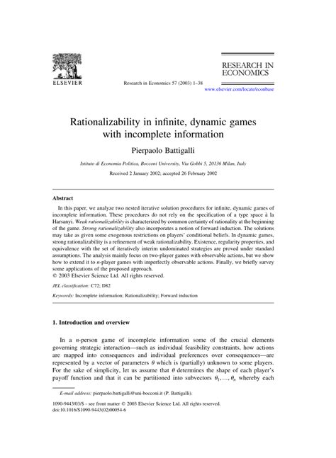 Pdf Rationalizability In Infinite Dynamic Games With Incomplete Information