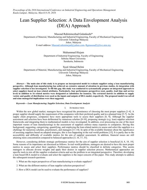 Pdf Lean Supplier Selection A Data Envelopment Analysis Dea Approach
