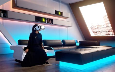 A Man In A Virtual Reality Suit Sits In Front Of A Tv Screen Premium