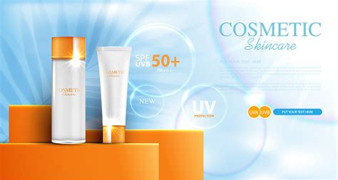 연간 판매 또는 축제 판매를위한 수분 공급 얼굴 선스크린 오렌지 크림 마스크 병 제품 프리젠 테이션을위한 반짝이 입자 배경에 격리 우아한 화장품 광고 벡터 일러스트레이션 0