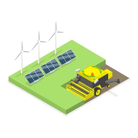 D 지속가능한 라이프 스타일의 이소메트릭 평평한 ⁇ 터 일러스트레이션 녹색 전기 식품 생산 및 프리미엄 벡터
