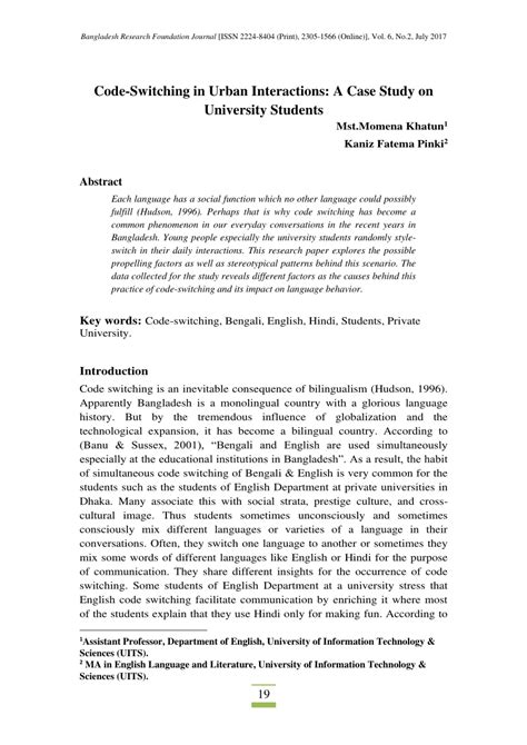 Pdf Code Switching In Urban Interactions A Case Study On University