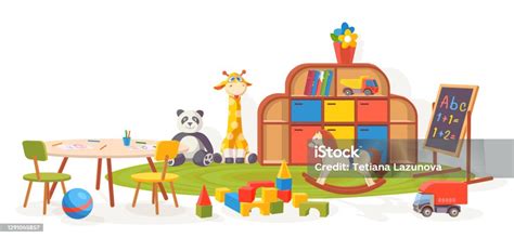 놀이 방 장난감 카펫 테이블 칠판이 있는 유치원 교실 가구 만화 아이 유치원 인테리어 벡터 일러스트레이션 0명에 대한 스톡 벡터 아트 및 기타 이미지 Istock