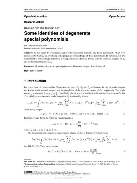 Pdf Some Identities Of Degenerate Special Polynomials