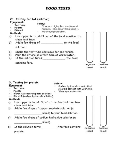 Food Tests Worksheet Pdf