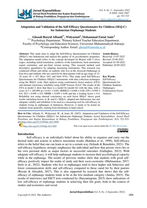 Pdf Adaptation And Validation Of The Self Efficacy Questionnaire For