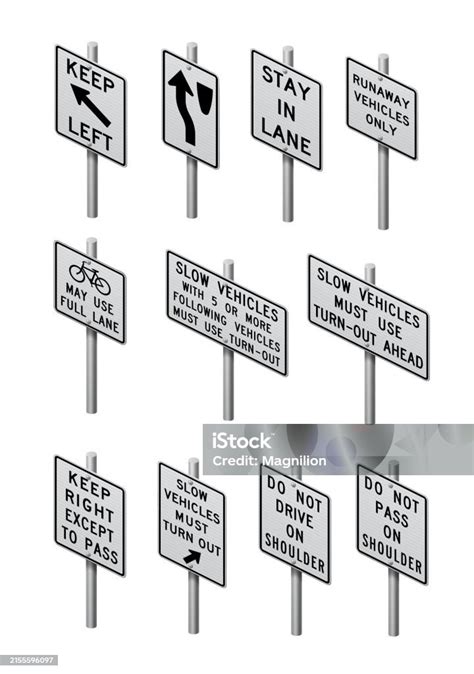 차선 사용 및 턴아웃 교통 표지 아이콘은 흑인과 백인으로 설정 느린 차량과 추월에 대 한 지침을 특징으로 벡터 일러스트 레이 션 아이소 메트릭 0명에 대한 스톡 벡터 아트