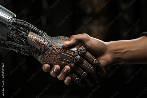 Handshake Between A Robot And A Human Symbolizing The Synergy Between Technology And Humanity