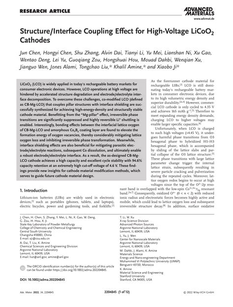 Structure Interface Coupling Effect For High‐voltage Licoo2 Cathode Request Pdf
