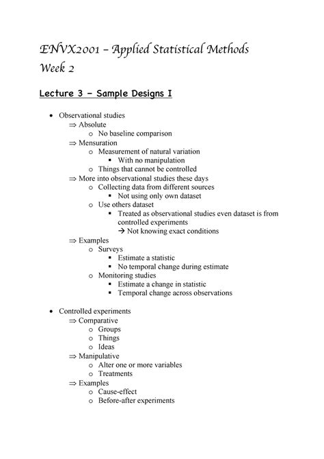 Envx2001 Week 2 Notes Sample Designs Envx2001 Applied Statistical Methods Week 2 Lecture 3