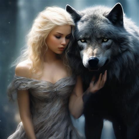 Blonde Girl In A Dress Stroking A Big Gray Wolf Fantasy — Image