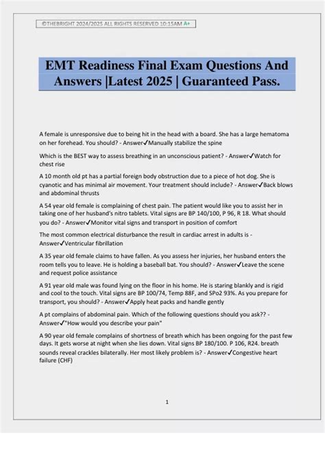 EMT Readiness Final Exam Questions And Answers Latest Guaranteed Pass EMT Stuvia US