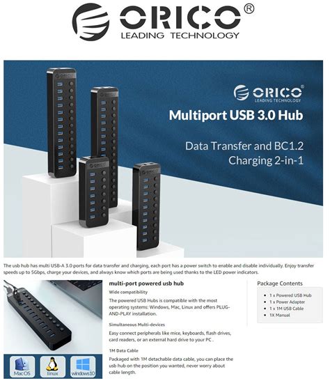 Orico Powered Usb Hub Ports Usb With Individual On Off Switches And V A Power